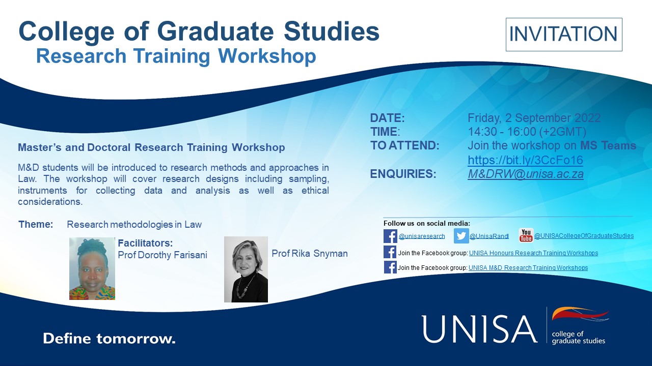 Master's and doctoral research training workshop: 'Research methodologies in Law'